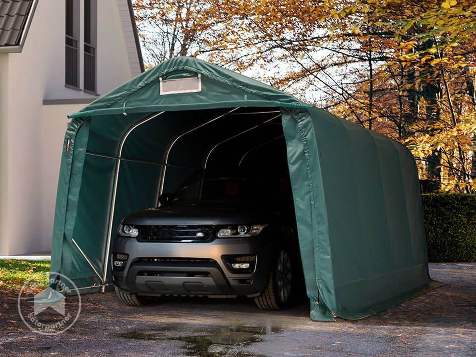 Ponyvagarázs, 3,3x4,8m, PVC ponyva, sötét zöld, statikai megerősítéssel ...