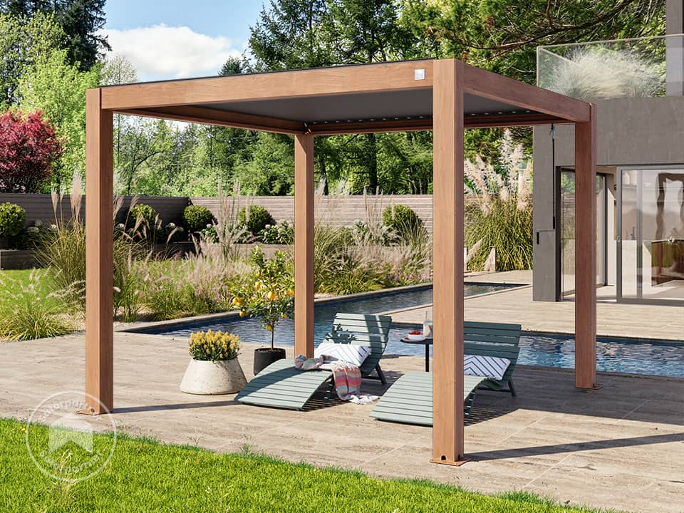3x3m Pergola, lamellás tetővel, tölgyfa kinézet - satorpartner.hu