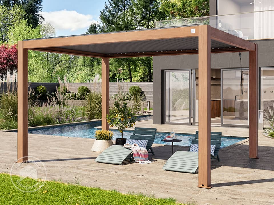 3x4m Pergola, lamellás tetővel, tölgyfa kinézet - satorpartner.hu