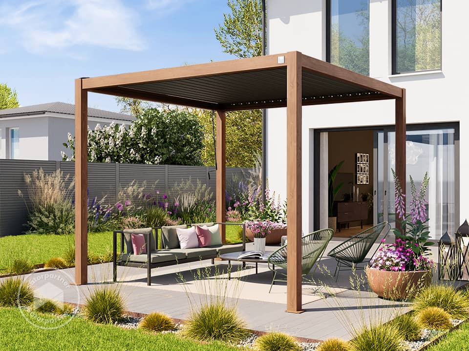 3x3m Pergola, lamellás tetővel, tölgyfa kinézet - satorpartner.hu