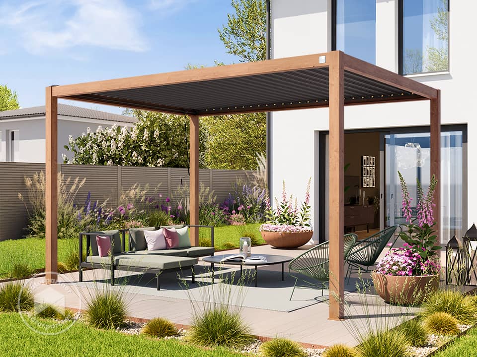 3x4m Pergola, lamellás tetővel, tölgyfa kinézet - satorpartner.hu