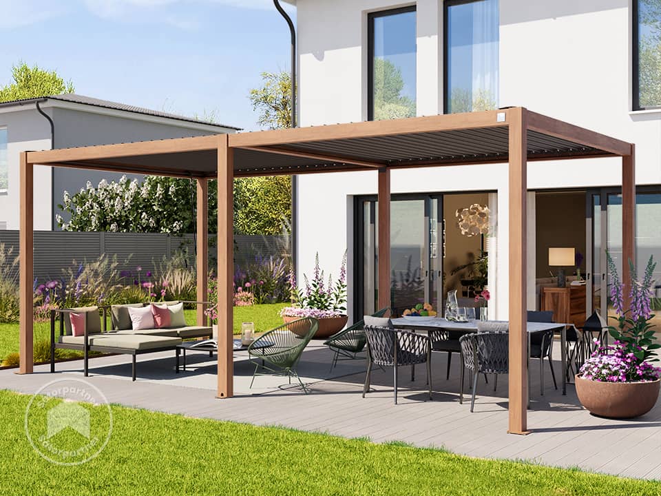 3x6m Pergola, lamellás tetővel, tölgyfa kinézet - satorpartner.hu