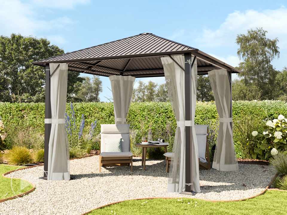 3x3m, hardtop havepavillon, inkl. 4 sidegardiner, Creme - teltpartner.dk
